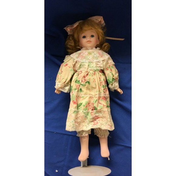 Unbranded Toys 6 Porecelain Doll Blonde Hair Blue Eyes Cream Dress With Pink Floral Pattern
